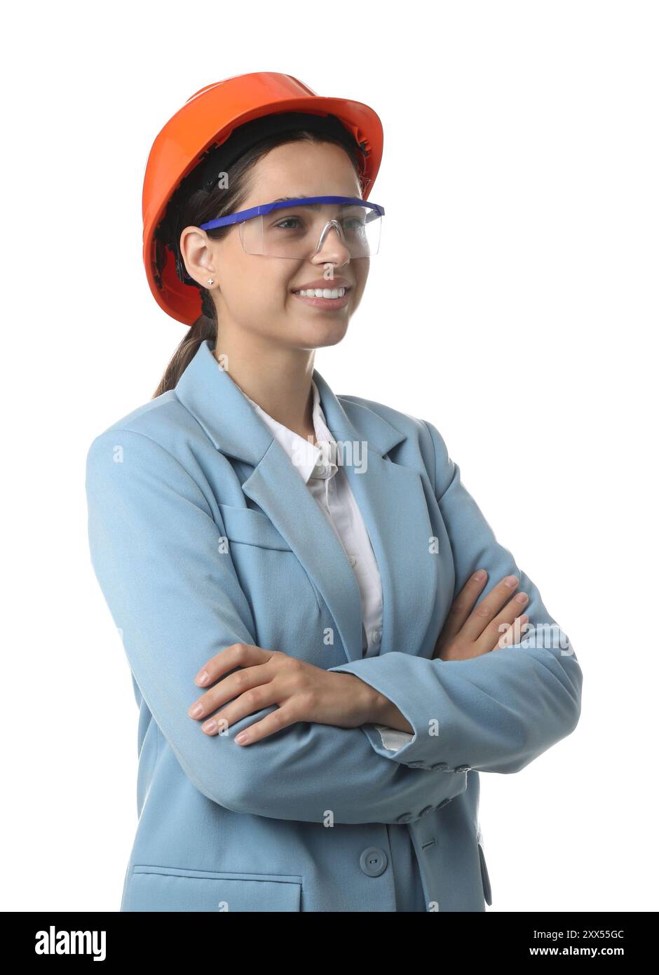 Engineer in hard hat and goggles on white background Stock Photo - Alamy