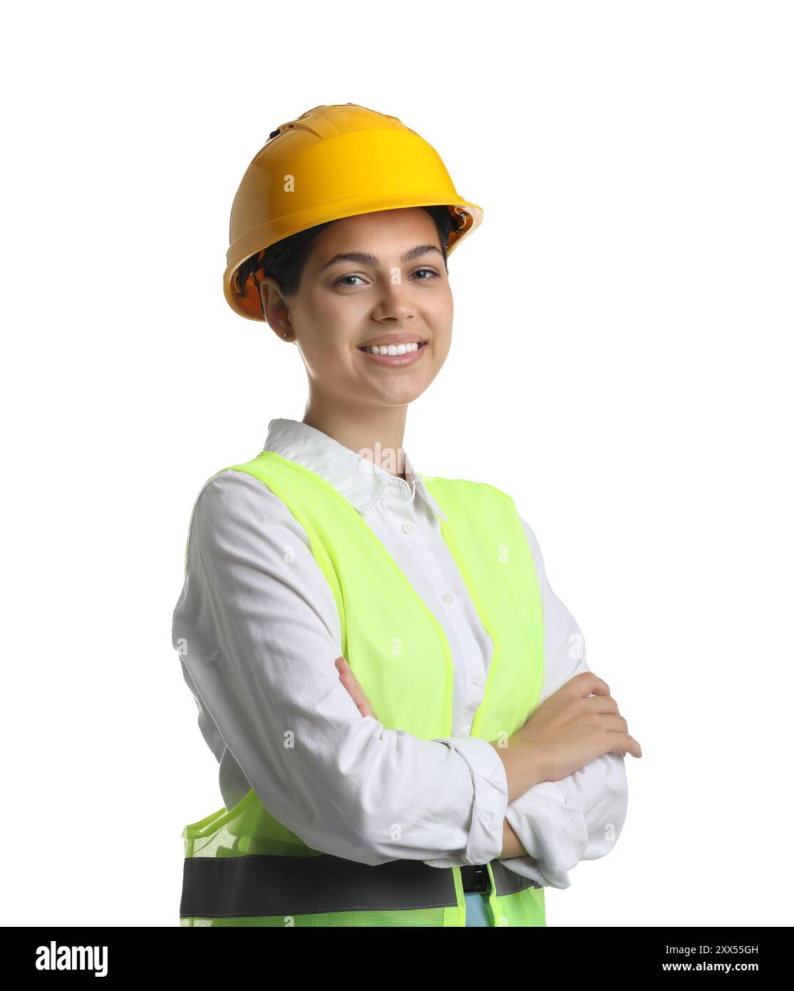 Engineer in hard hat on white background Stock Photo - Alamy