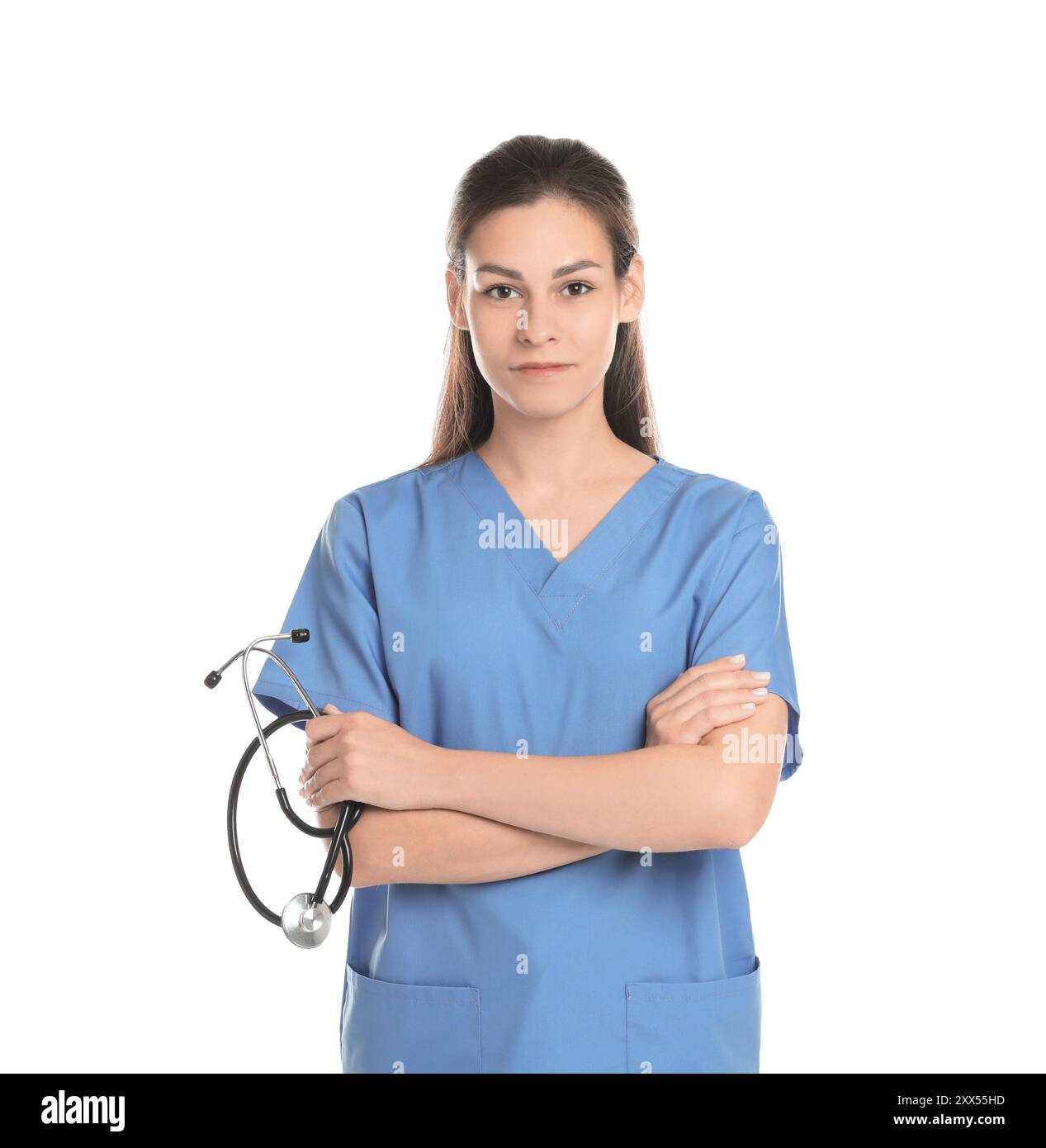 Portrait of beautiful nurse with stethoscope on white background Stock ...