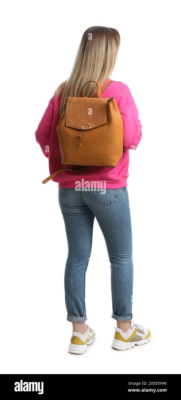 Woman in casual outfit with backpack on white background, back view ...