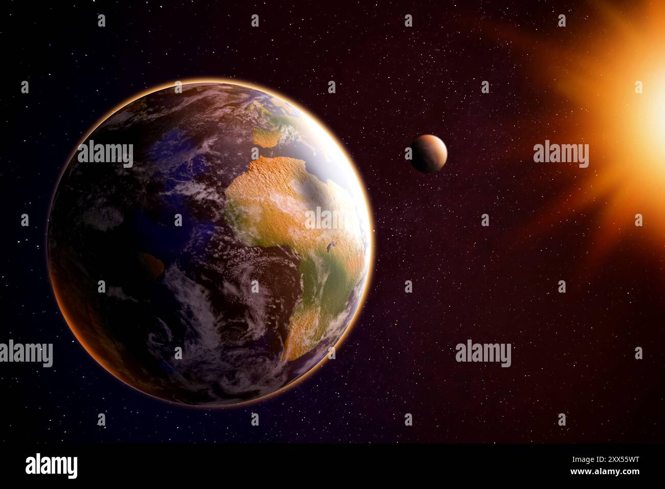Planet Earth and moon lit by Sun in space. Image elements furnished by ...