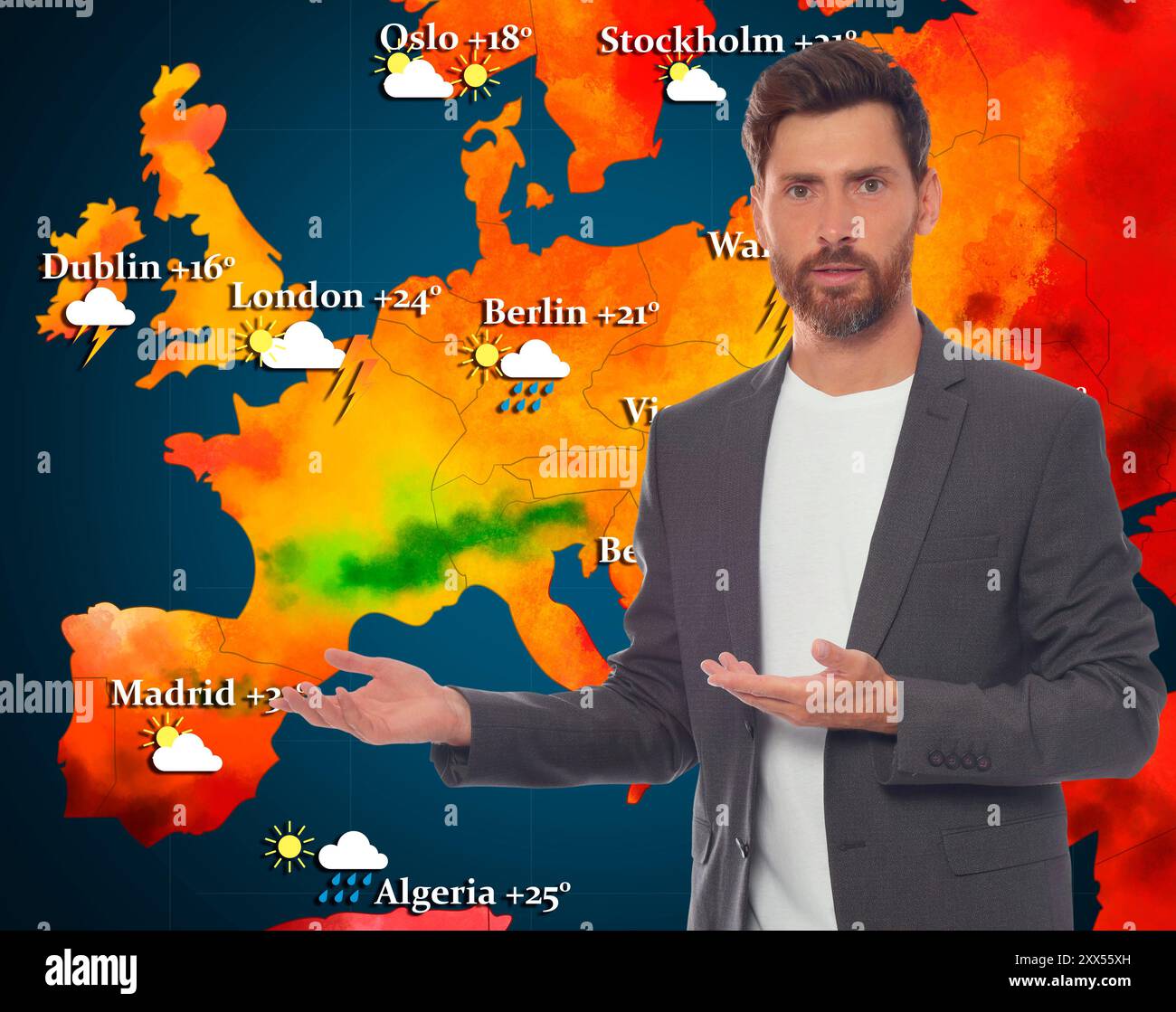 Weather broadcaster presenting forecast against map of Europe Stock ...