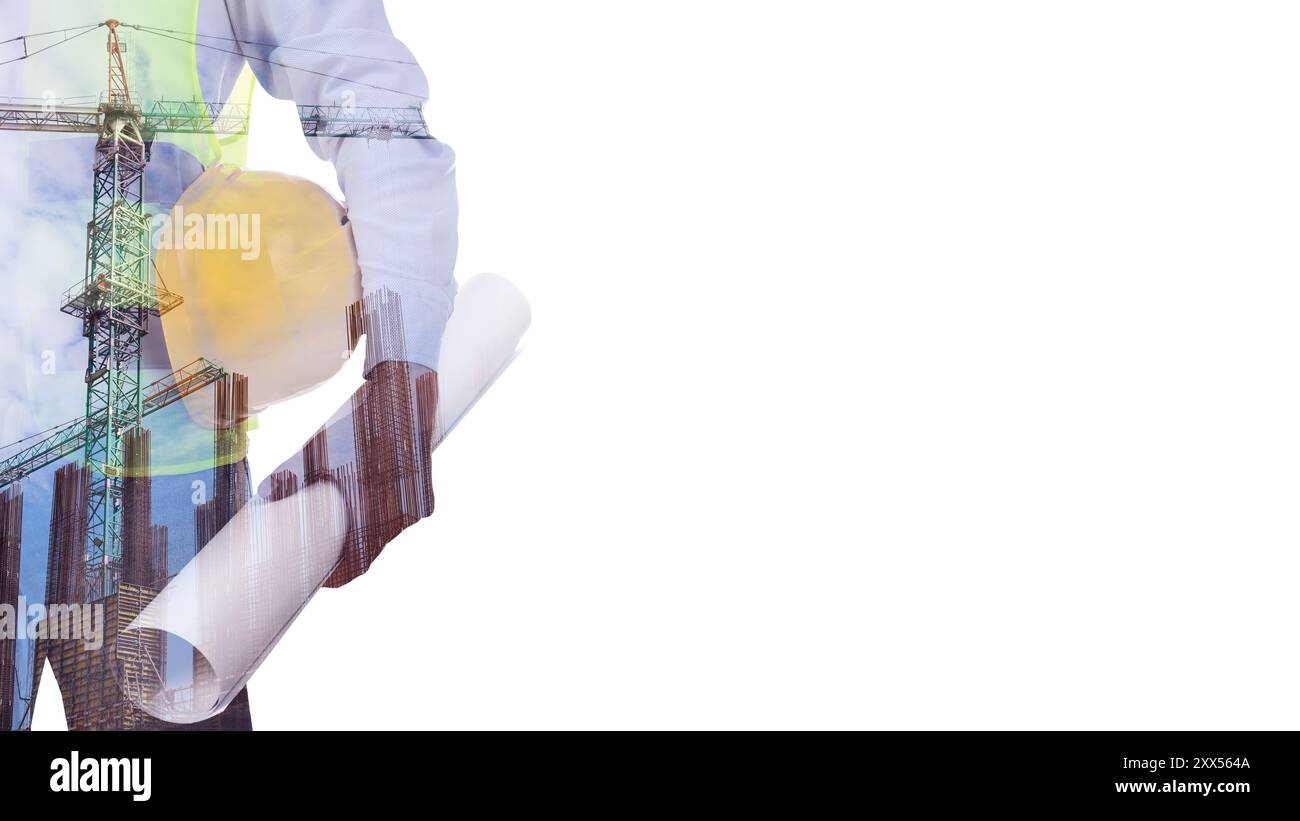 Engineer and unfinished building on white background, double exposure ...
