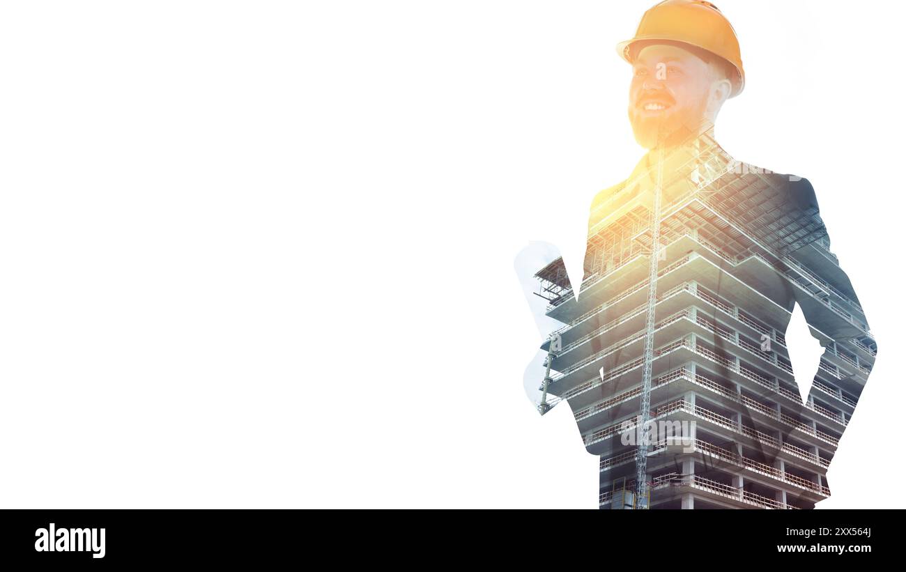Engineer and unfinished building on white background, double exposure ...