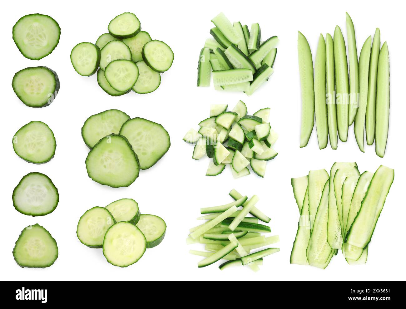 Fresh cucumbers isolated on white, collage. Different types of cuts ...