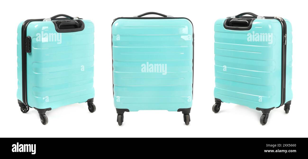 Set of turquoise suitcase on white background, view from different ...