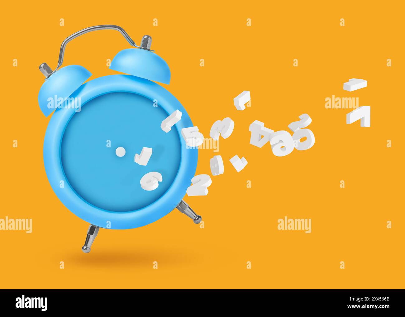 Numbers flying away from alarm clock on orange background. Time related ...