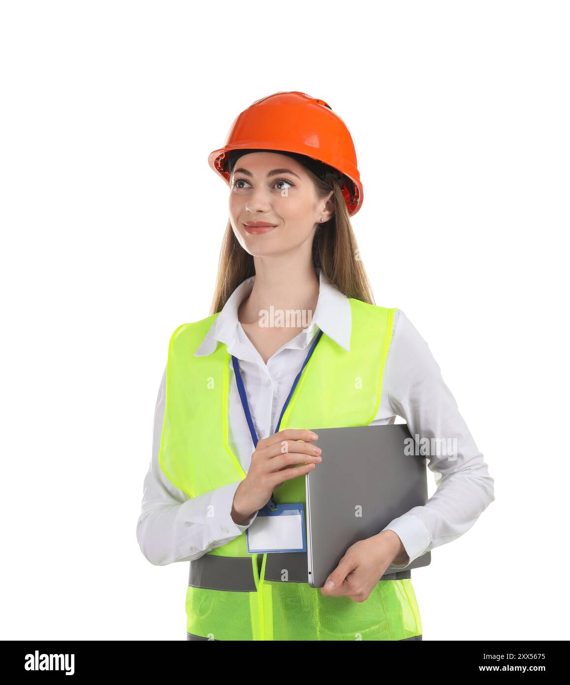 Engineer in hard hat with laptop on white background Stock Photo - Alamy