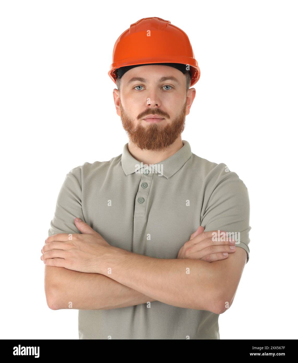 Engineer in hard hat on white background Stock Photo - Alamy