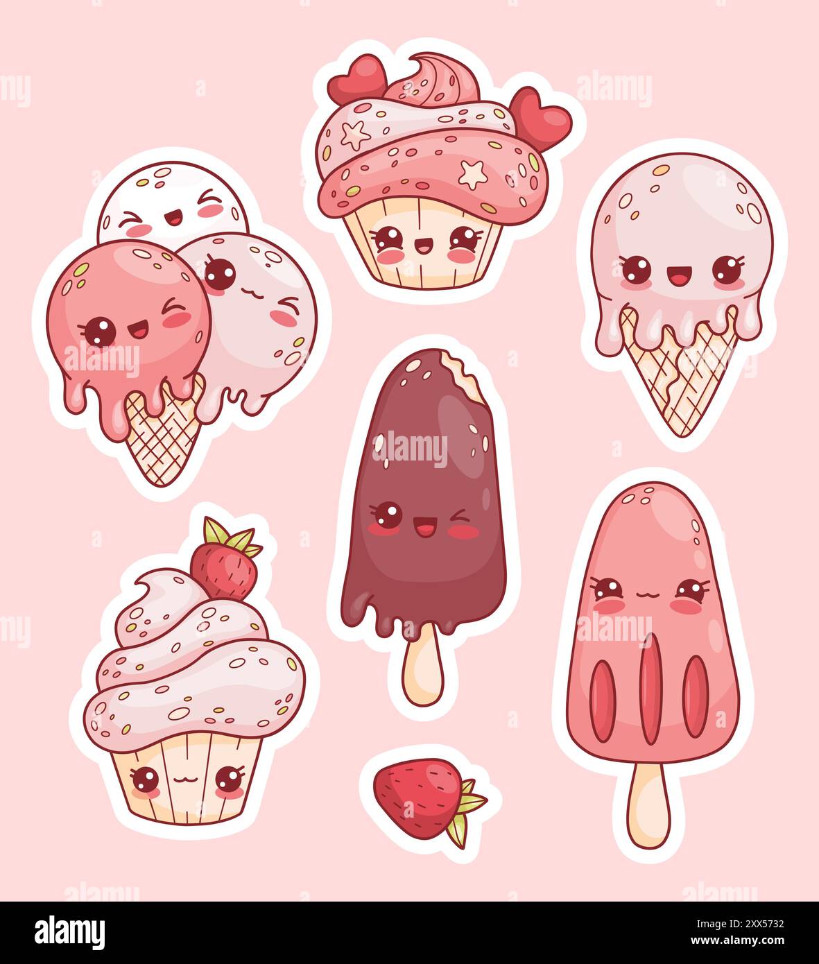 Sweets and desserts stickers. Cute Ice cream cone and fruit and ...