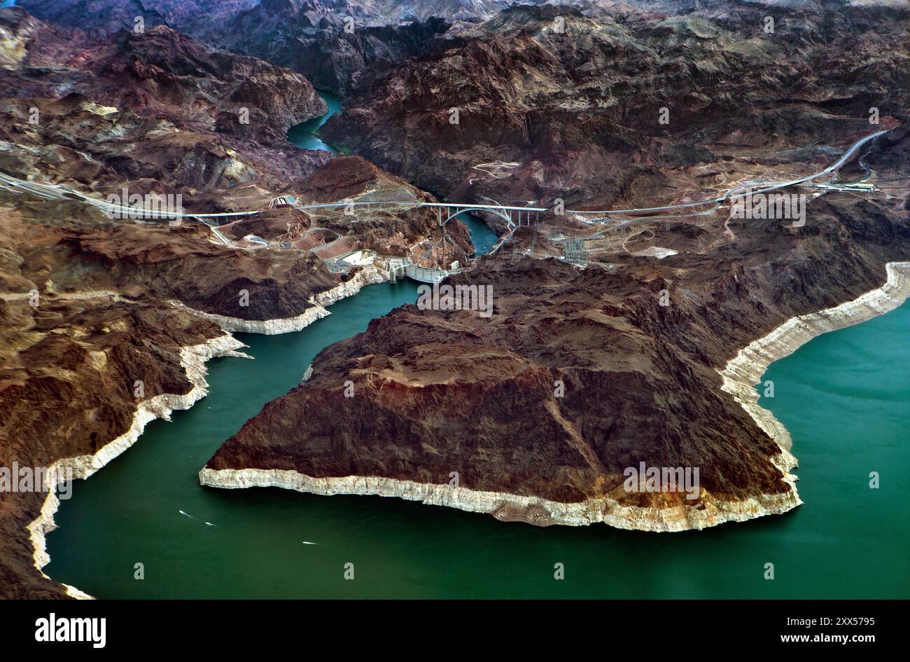 The Hoover Dam, Colorado River and the edge of Lake Mead as viewed from ...