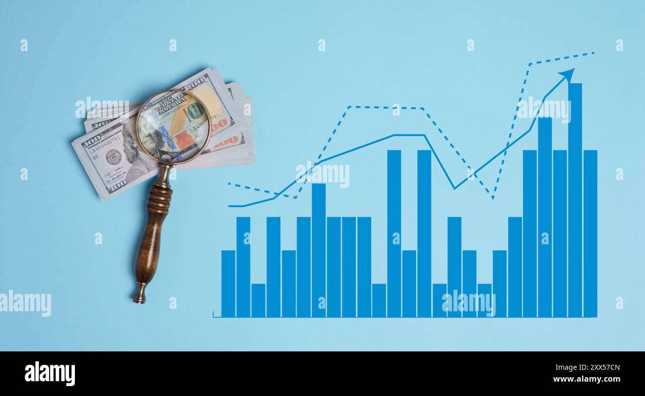 Stack of dollars and chart with growing indicators on blue background ...