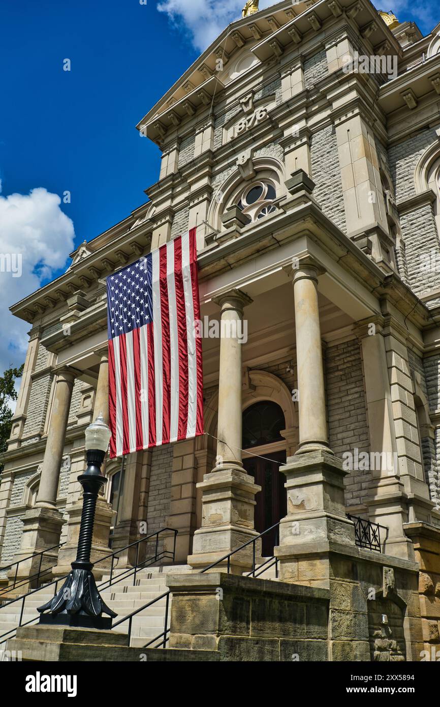 USA Flag in front of the Licking County courthouse in Newark Ohio USA ...