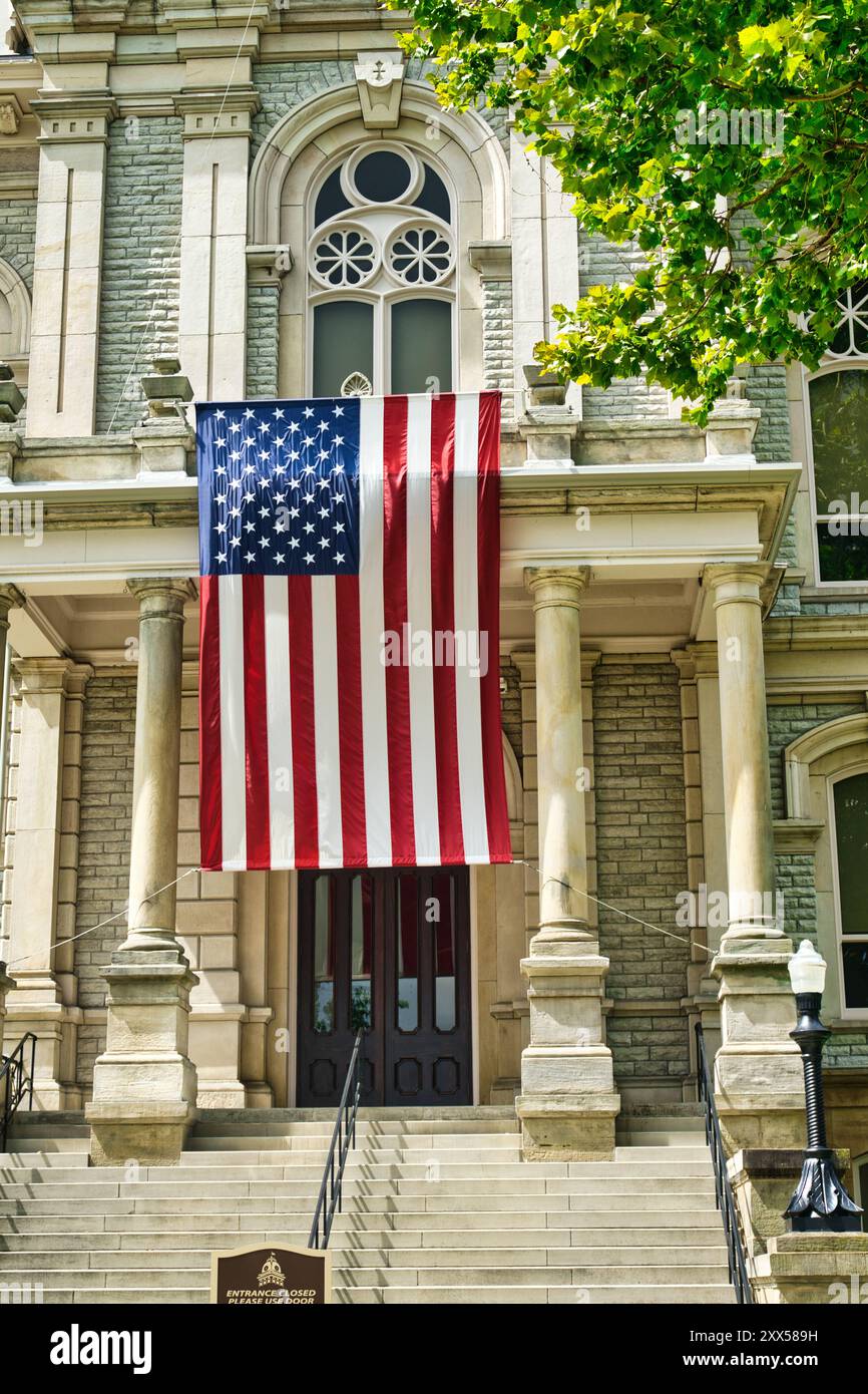 USA Flag in front of the Licking County courthouse in Newark Ohio USA ...