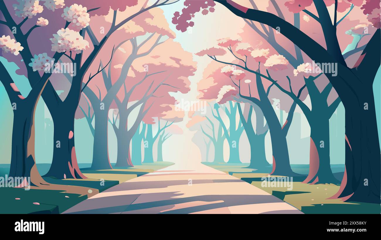 Road Near Green Park through Sakura Trees with Falling Petals. Cherry ...