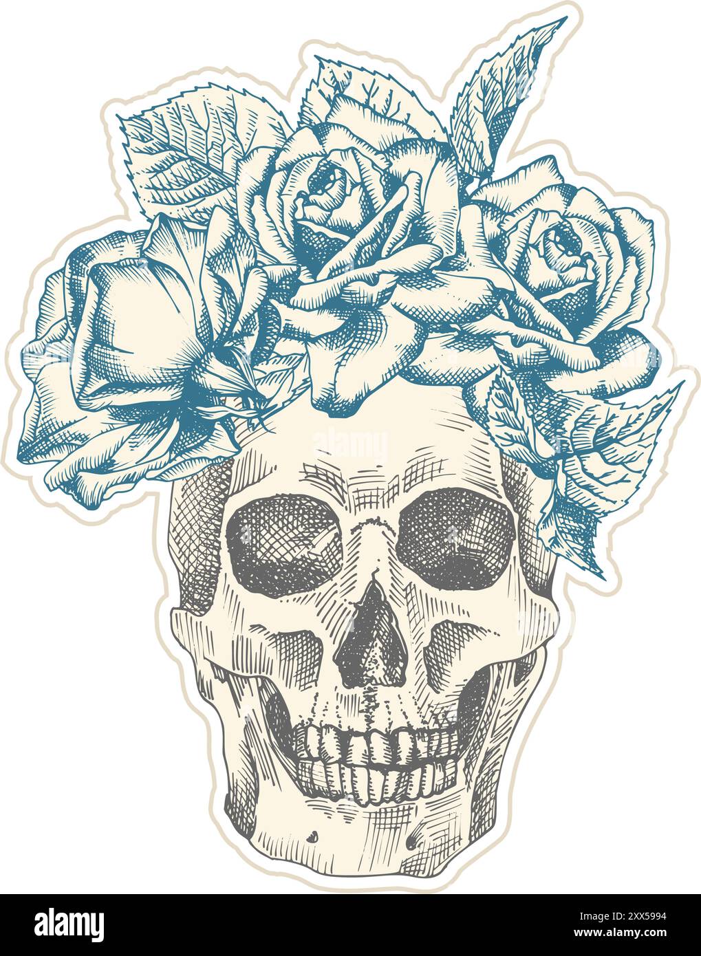Vintage sticker human skull with wreath flowers rose. Art collage Zine ...