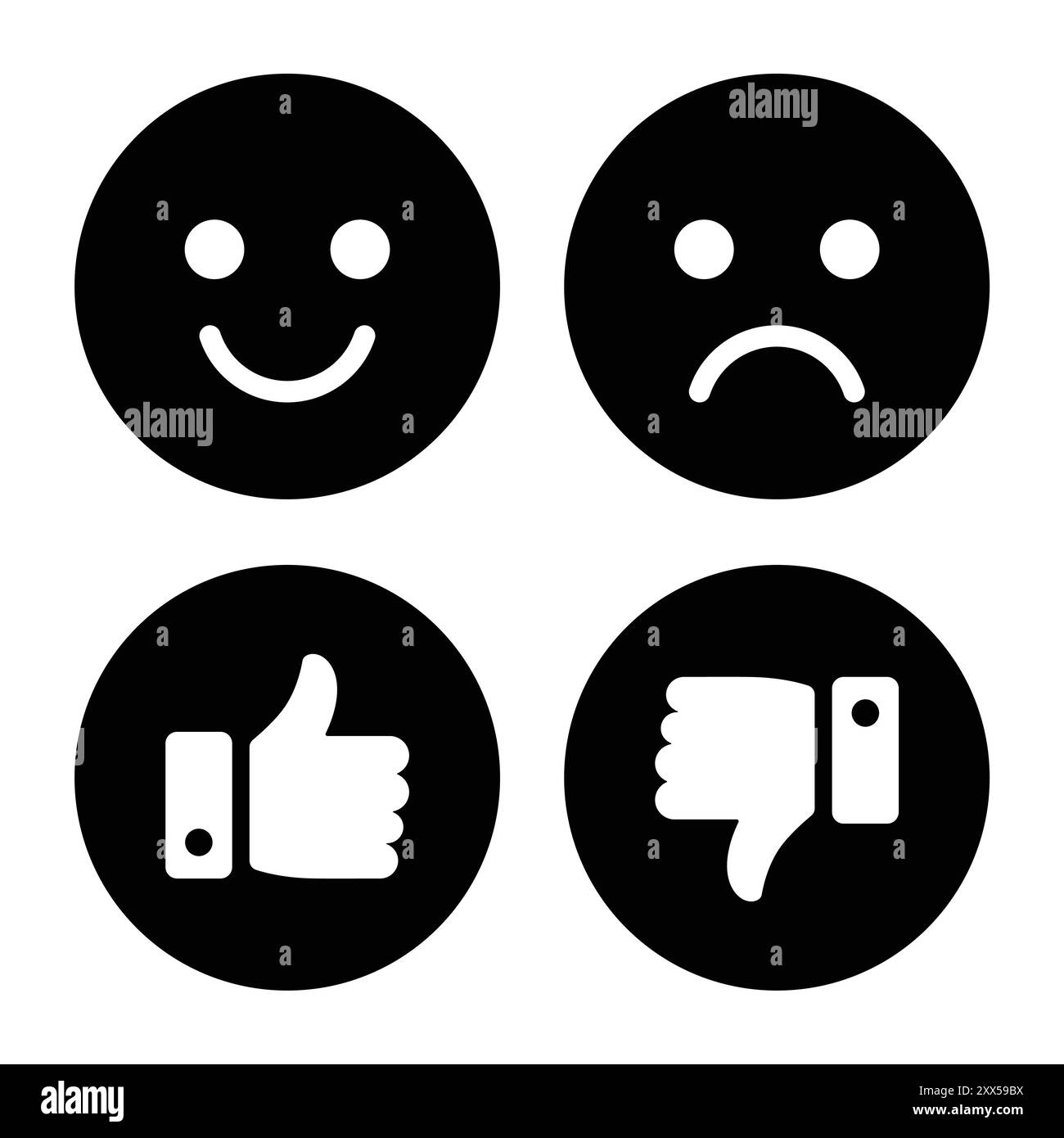 Happy, sad smiley and like, dislike icon symbol in black and white ...