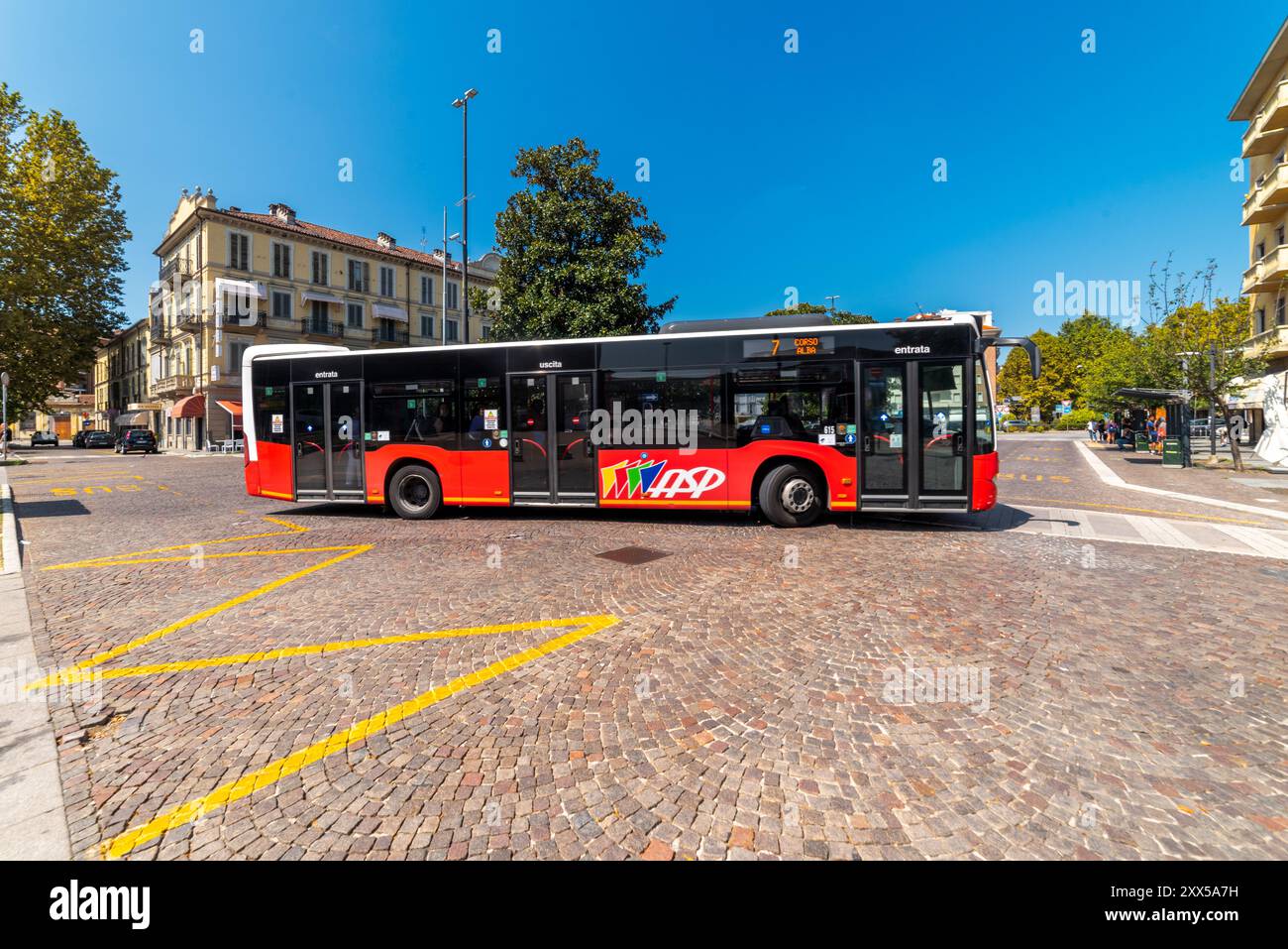Asti, italy - August 20, 2024: city bus arrives at the stop in Piazza ...