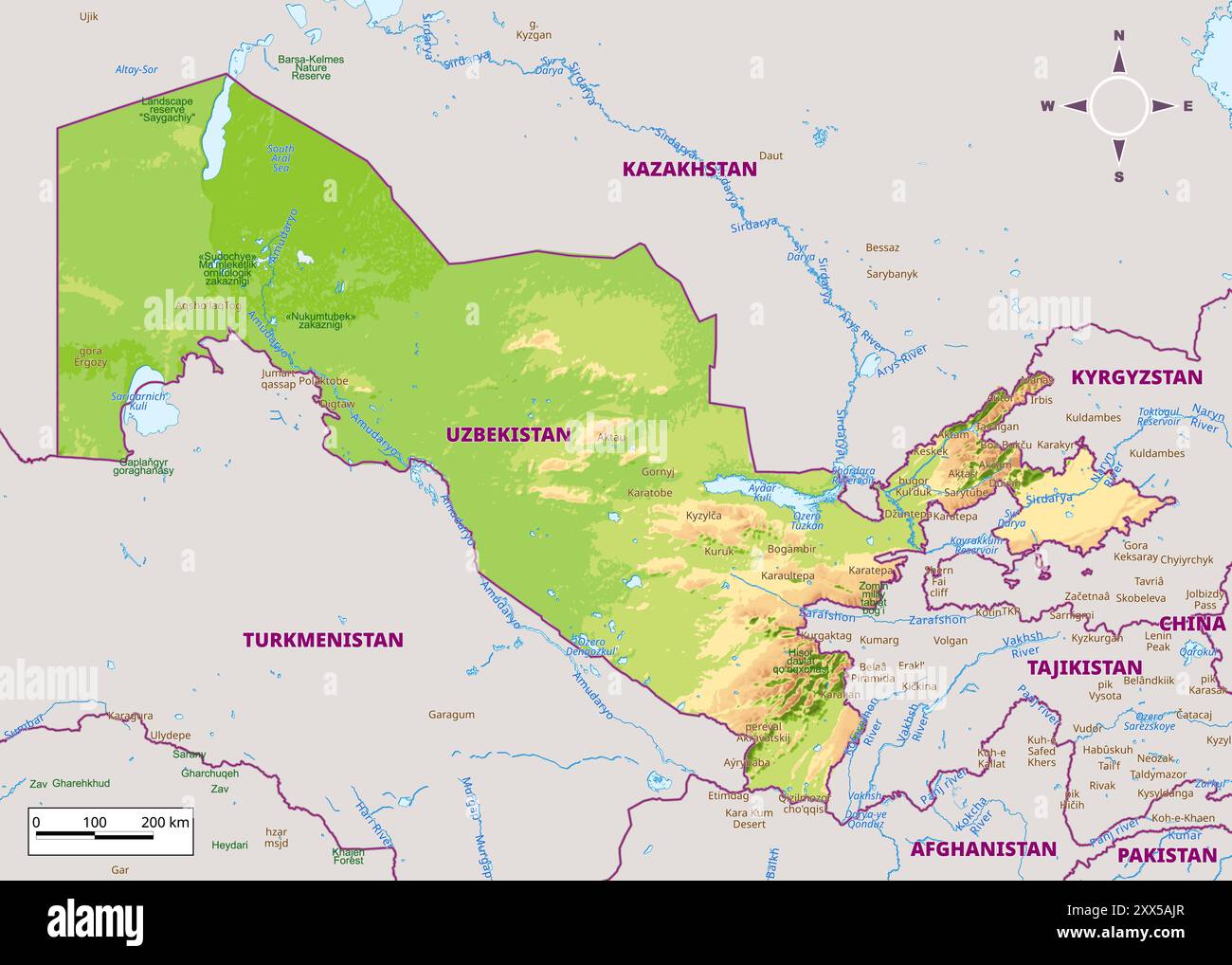 Detailed physical map of Uzbekistan Stock Vector Image & Art - Alamy