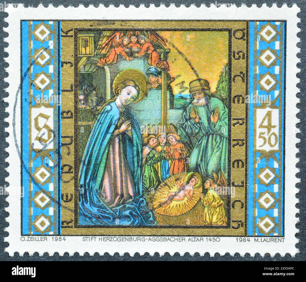 Cancelled postage stamp printed by Austria, that shows Christmas altar ...