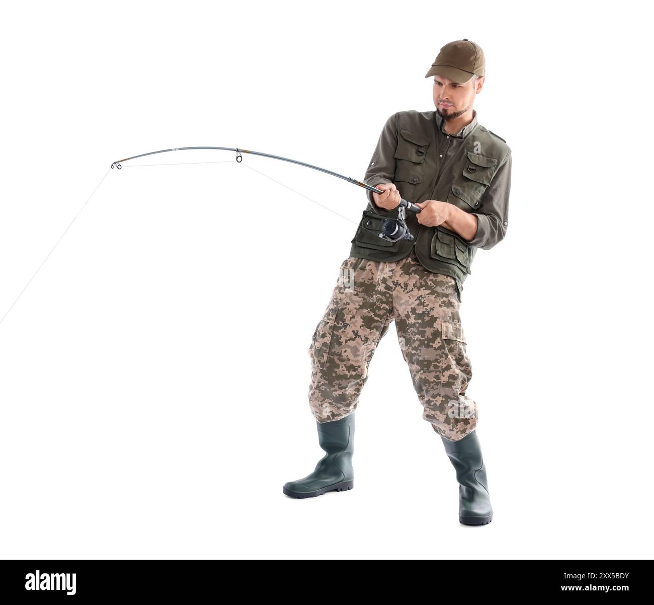 Fisherman with rod fishing on white background Stock Photo - Alamy