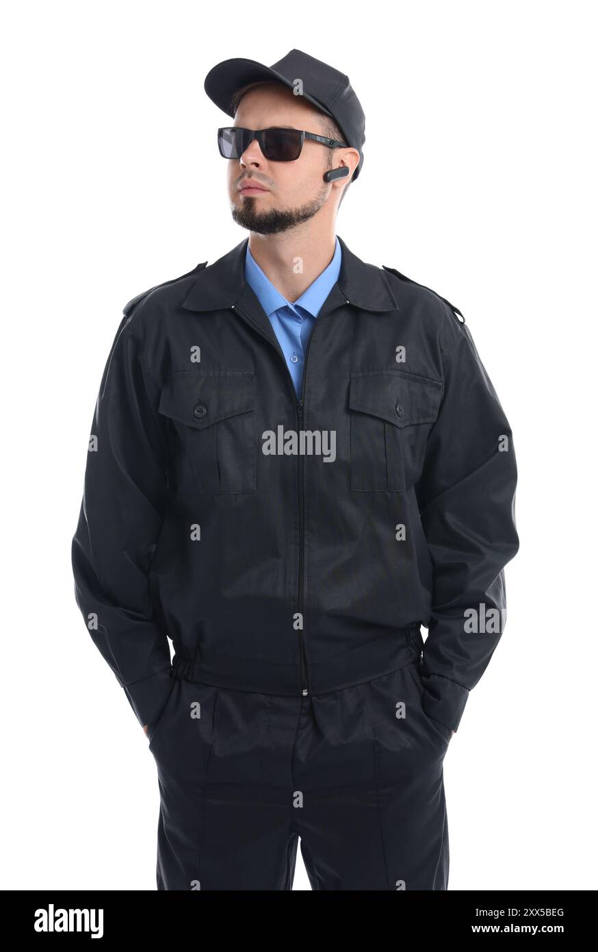 Security guard in uniform and sunglasses isolated on white Stock Photo ...