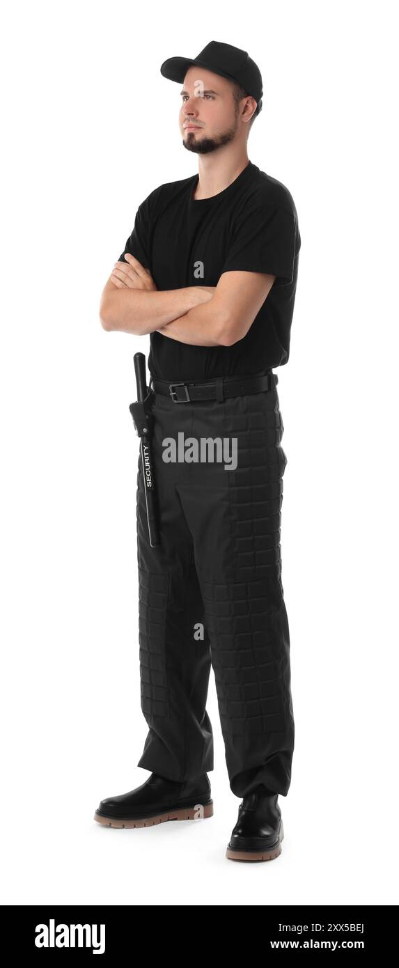 Young bodyguard with baton isolated on white Stock Photo - Alamy
