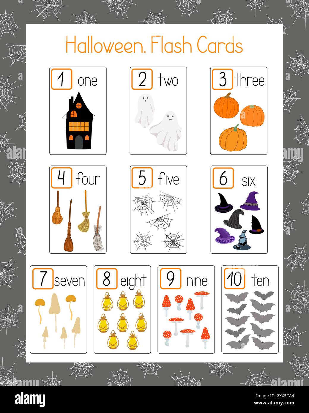 Halloween cute spooky holiday symbols number learning printable flash ...