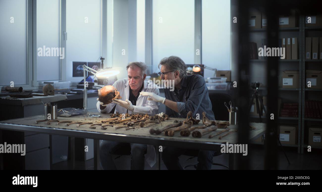 Two archaeologists work in archaeological lab. Male scientists examines ...