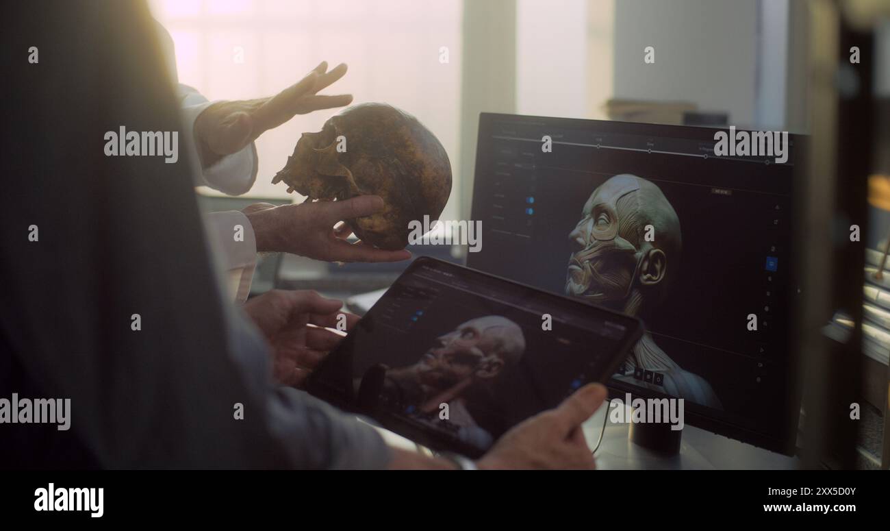 Modern archaeological lab: Two scientists analyze fossil skull, discuss ...