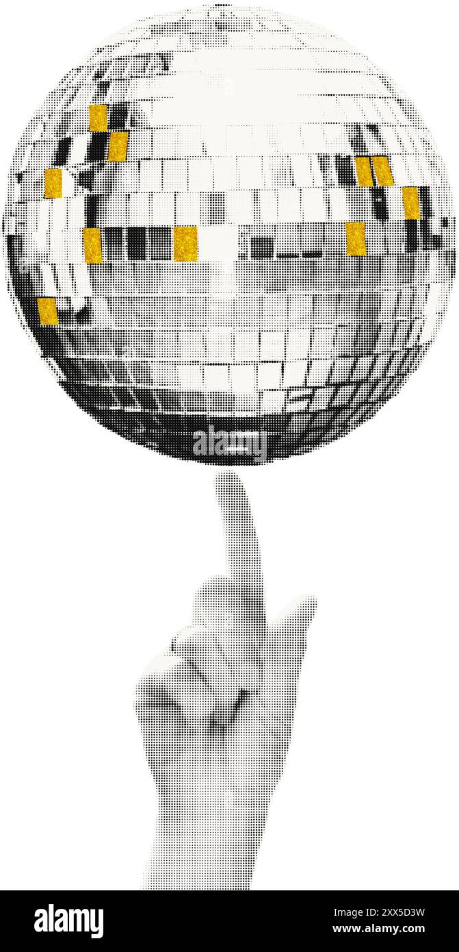 Disco ball spinning on finger halftone collage vector illustration ...