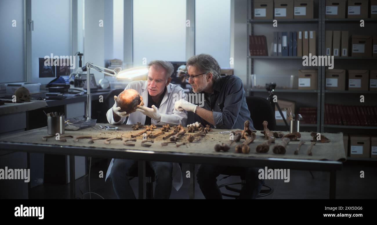 Two archaeologists work in archaeological lab. Male scientists examines ...
