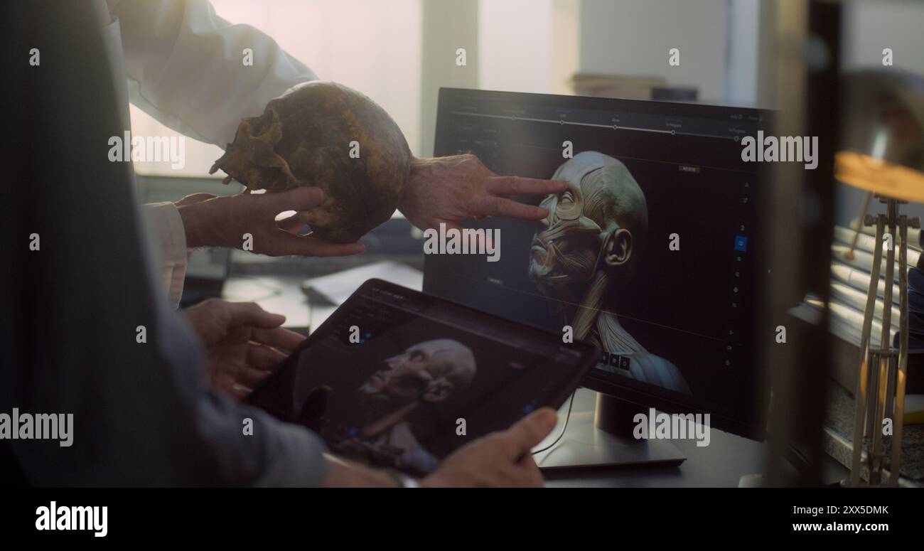 Modern archaeological lab: Two scientists analyze fossil skull, discuss ...