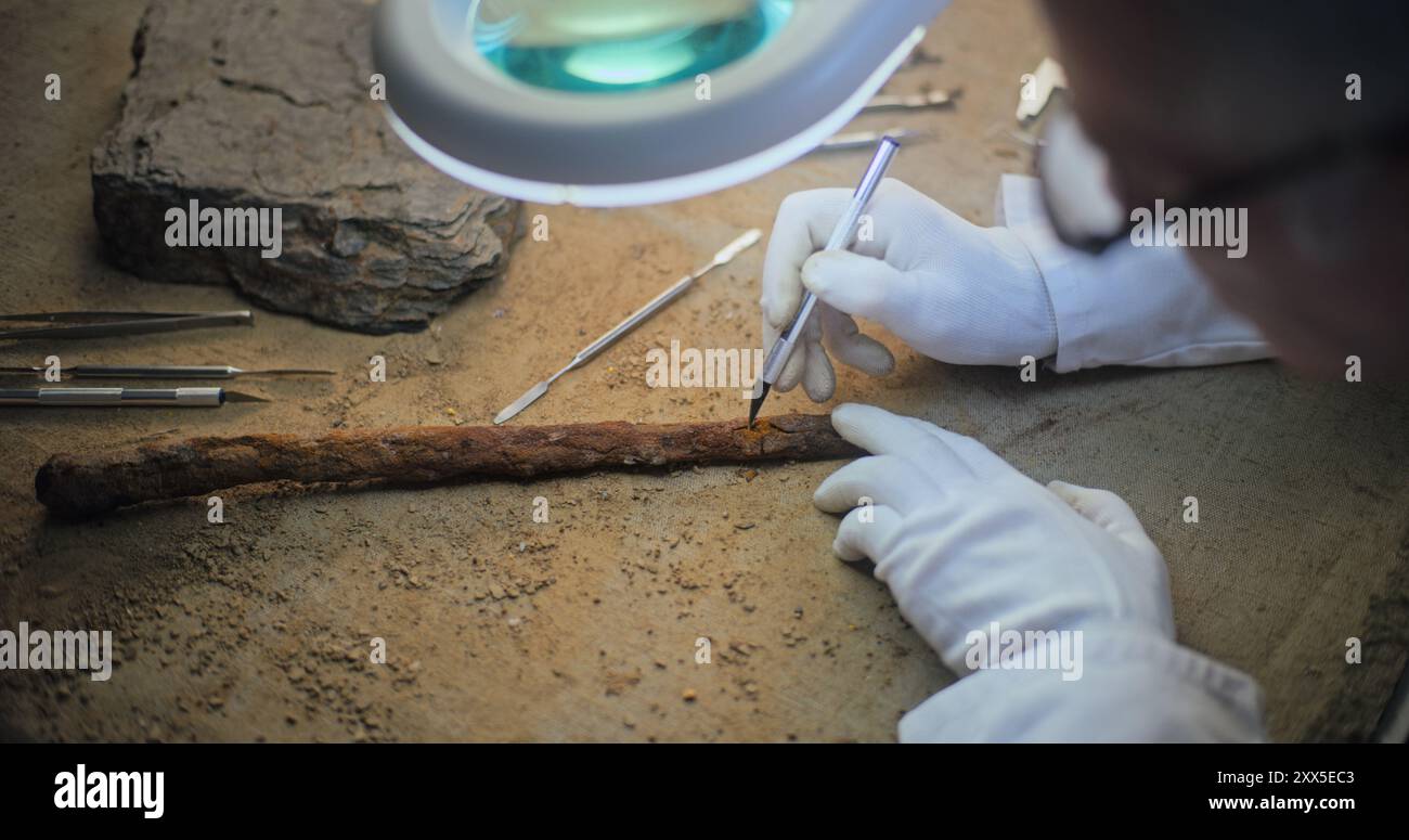 Senior archaeologist cleans fossil ancient wooden spear under lamp ...