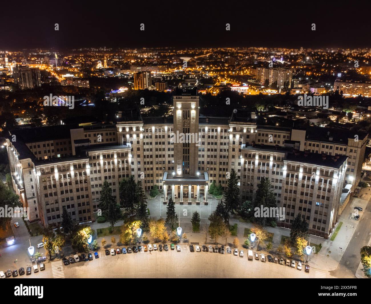 Aerial night illuminated Karazin University building in Kharkiv city ...