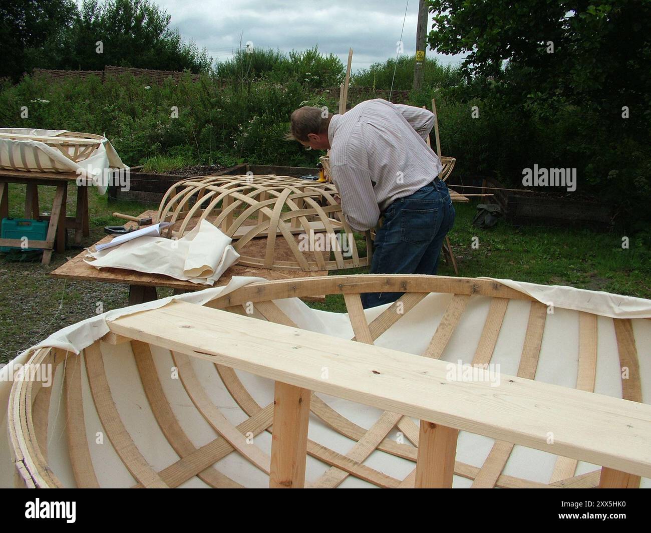 Coracle making, students in a workshop held to encourage one of the ...