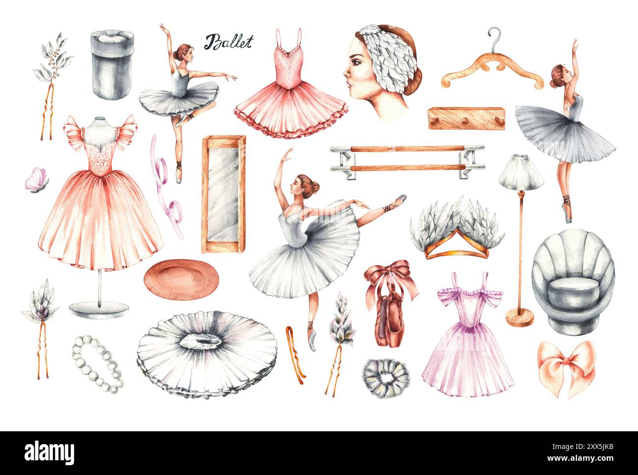 Watercolor ballet set with ballerinas and accessories. Ballerinas ...