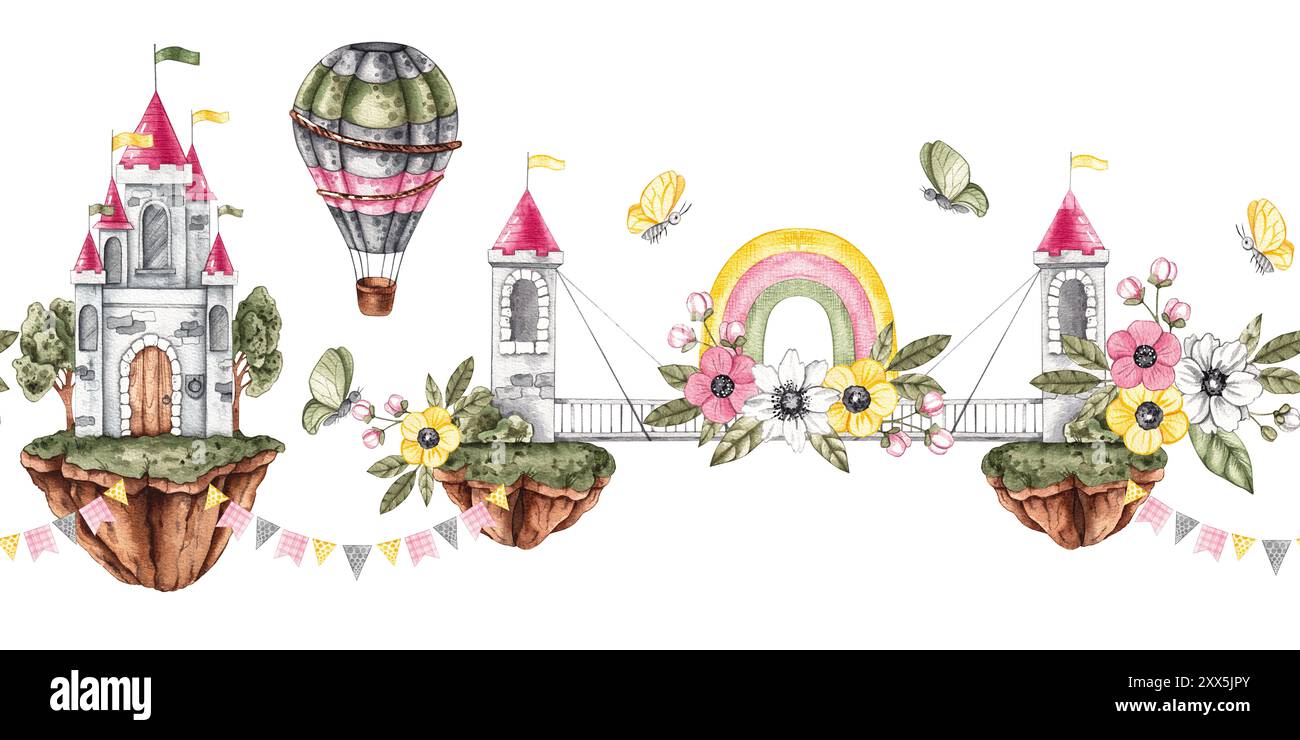 Watercolor seamless horizontal pattern with air castle. Kids fairy tale ...