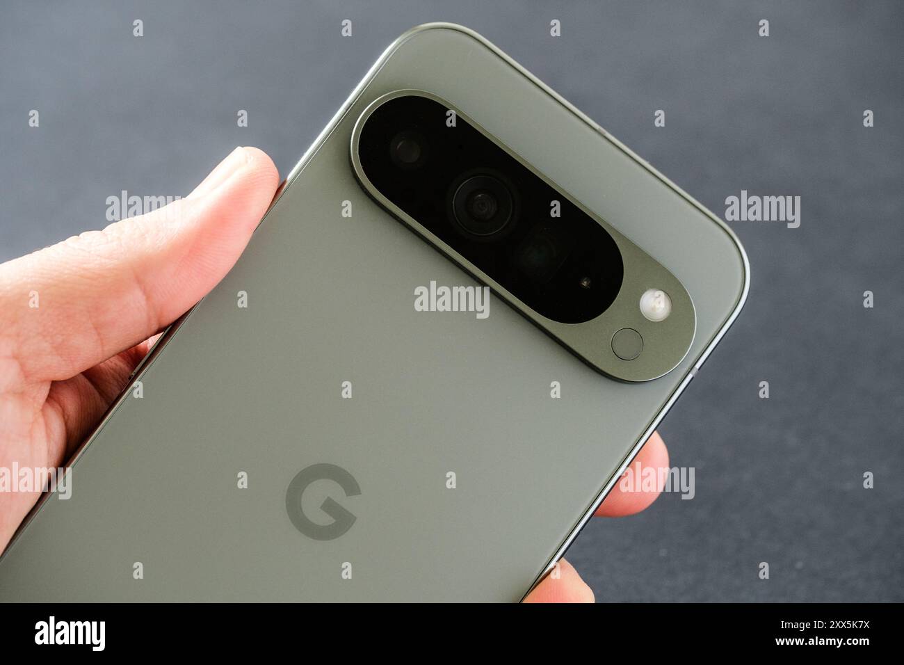 Close-up of the Google Pixel 9 Pro XL in Hazel Green, focusing on the ...