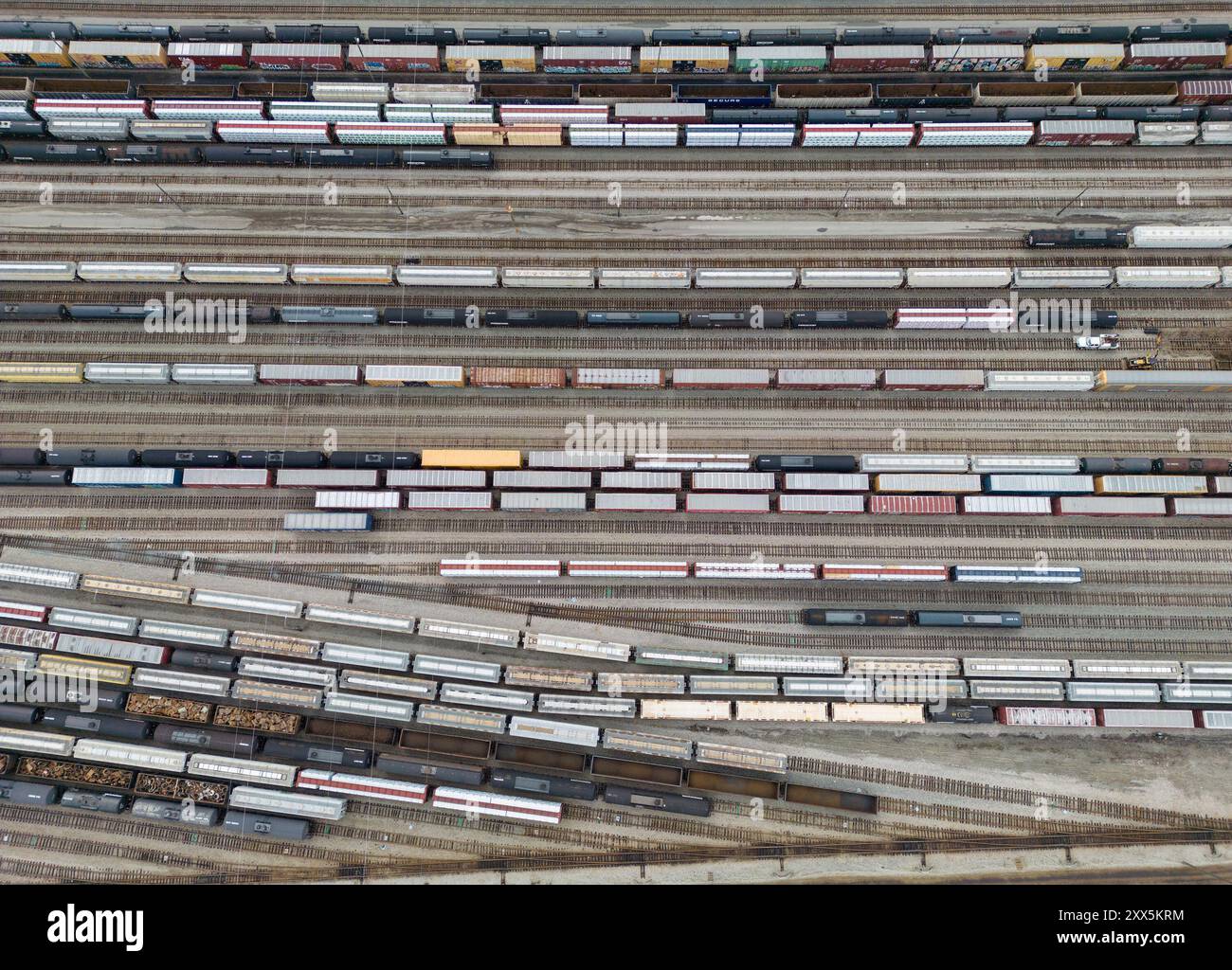 Train cars are seen on the tracks in an aerial view at Canadian ...