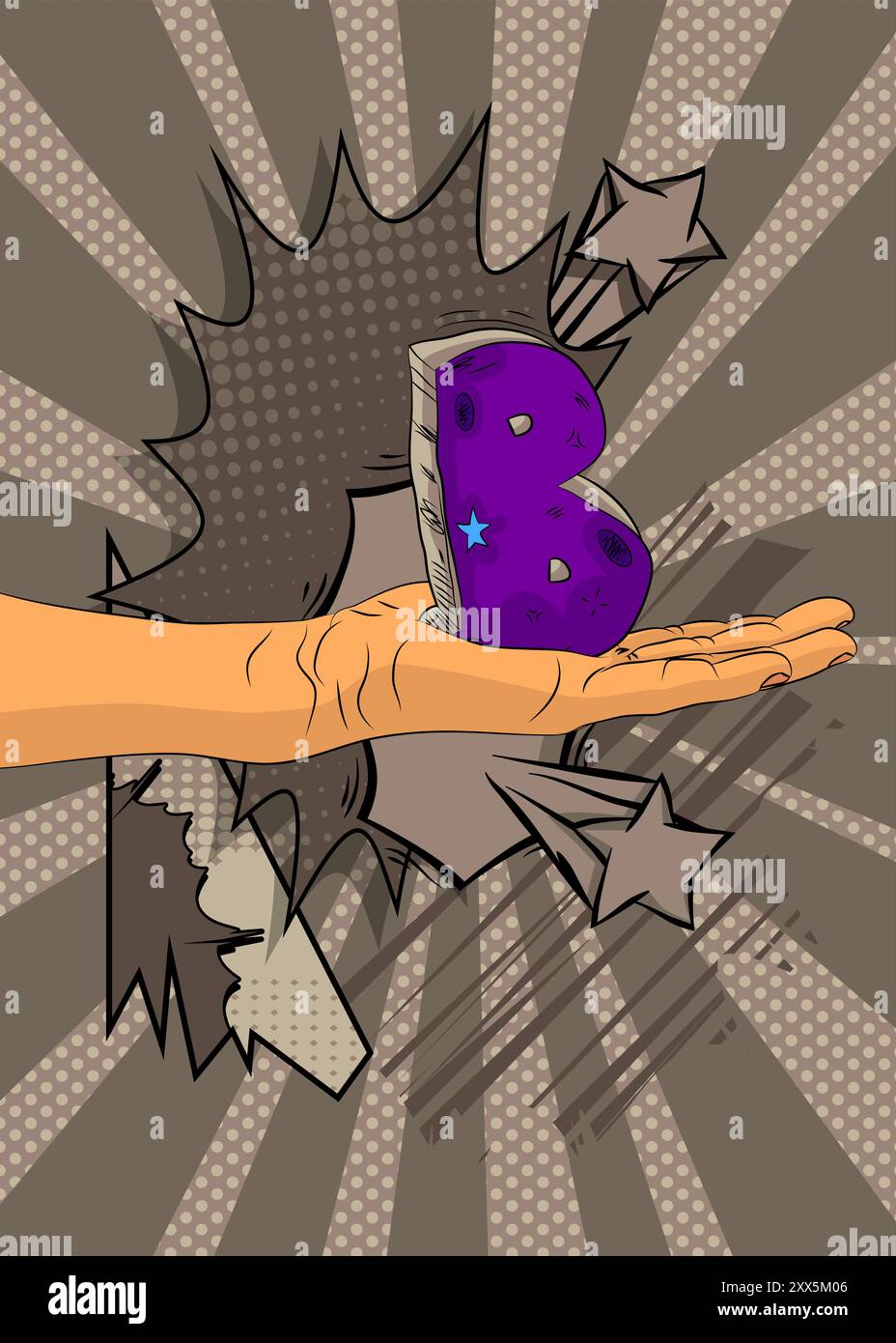 Cartoon, comic book human hands holding Letter B. Retro vector comics ...