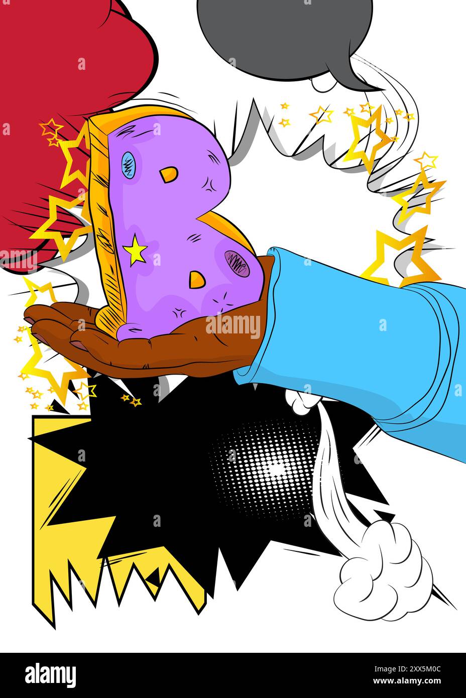 Cartoon, comic book human hands holding Letter B. Retro vector comics ...