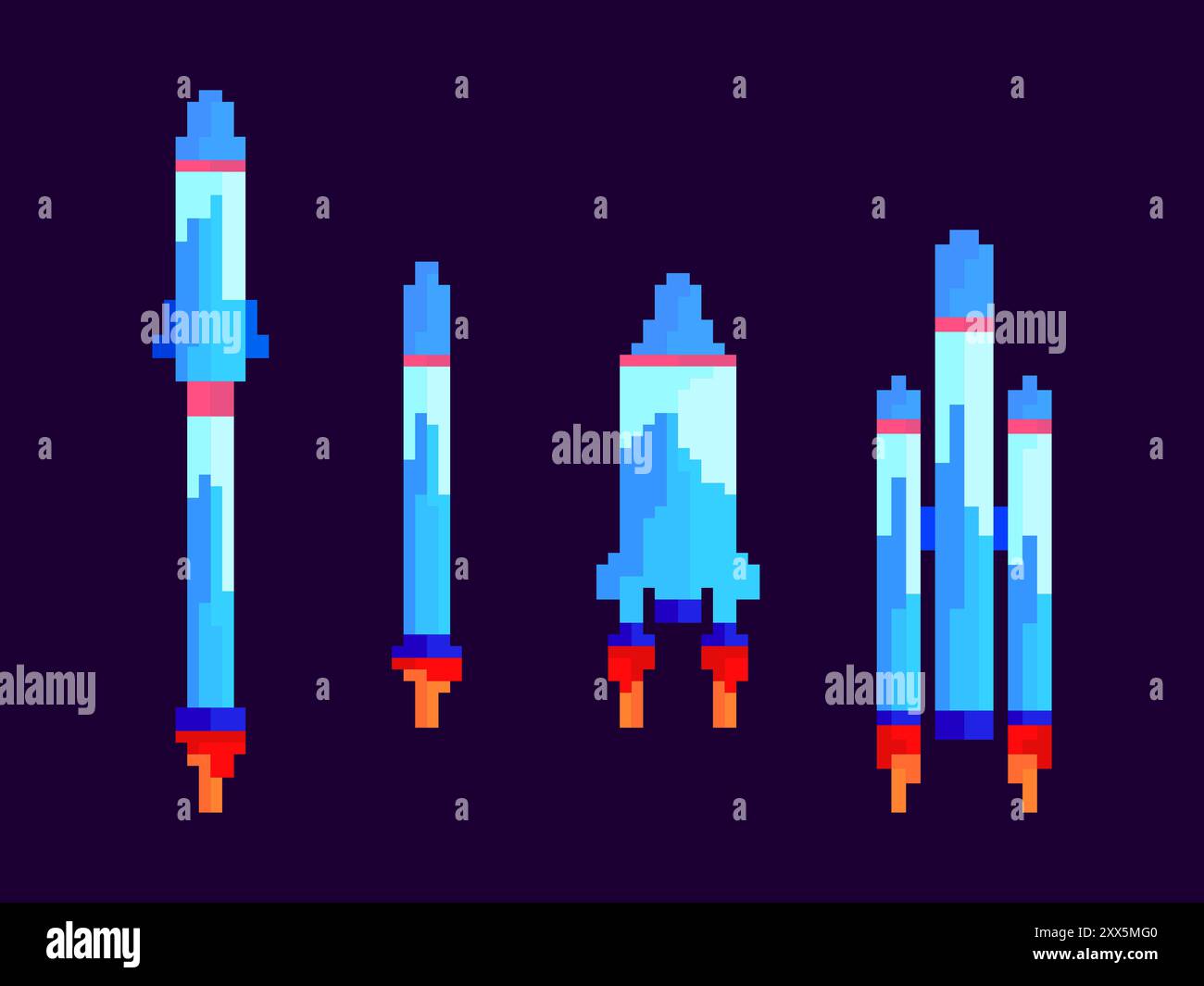 Pixel spaceships icon set. Space rockets in 8-bit retro graphic style ...