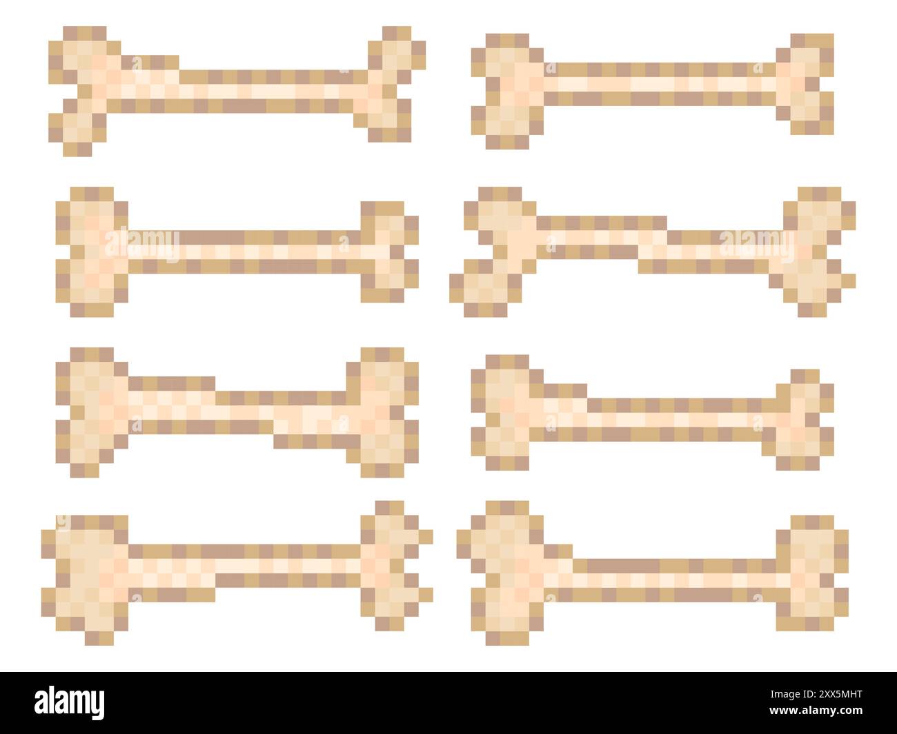Bones in pixel art icon set isolated on white background. Halloween pattern of 8-bit skeleton ...