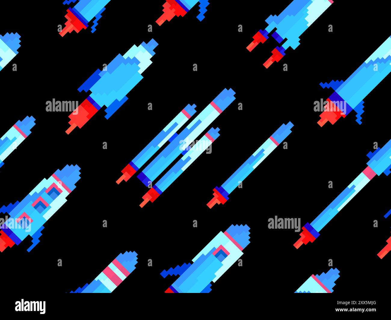 Pixel spaceships seamless pattern. Space rockets in 8-bit retro graphic ...