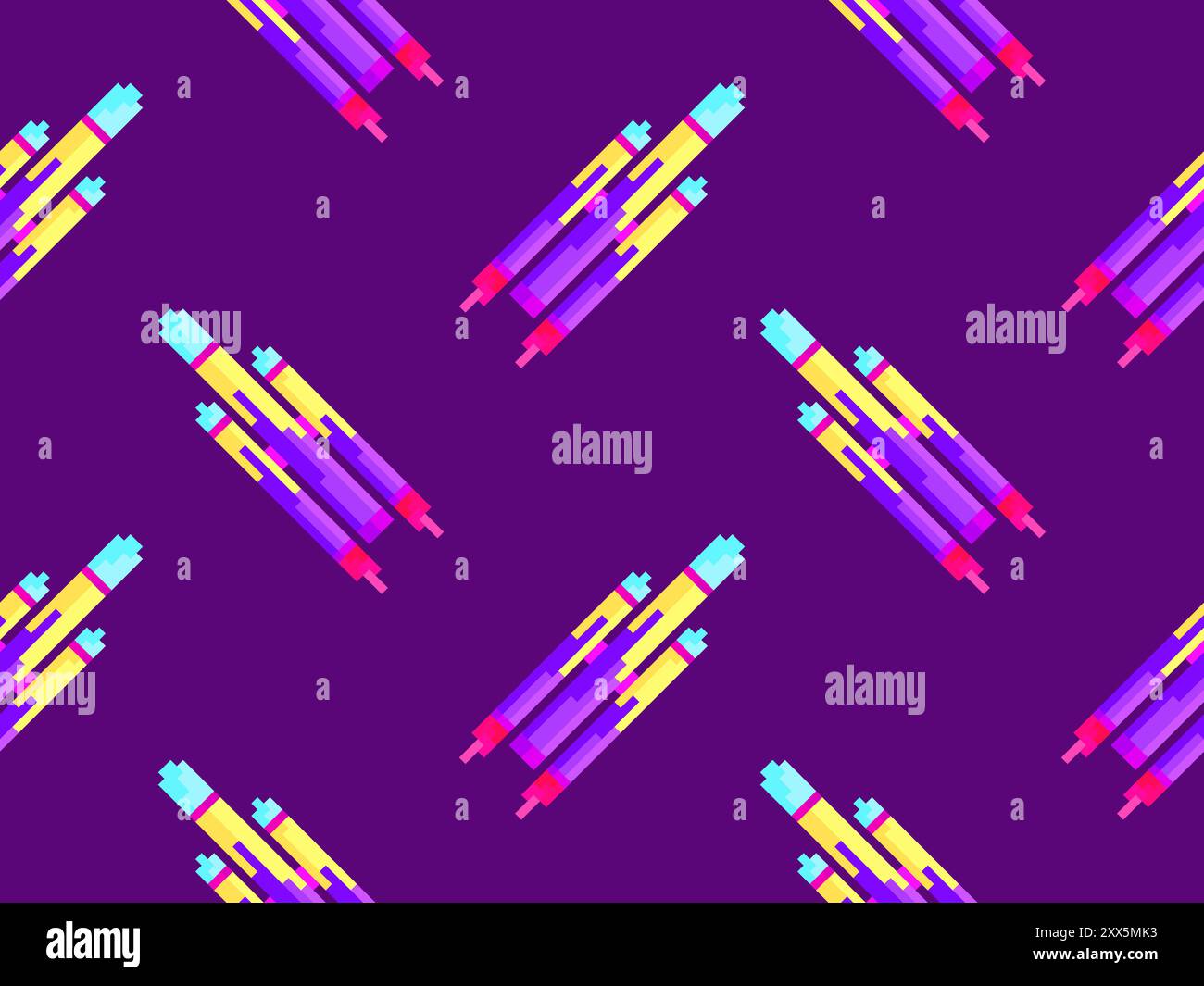 Pixel spaceships seamless pattern. Space rockets in 8-bit retro graphic ...