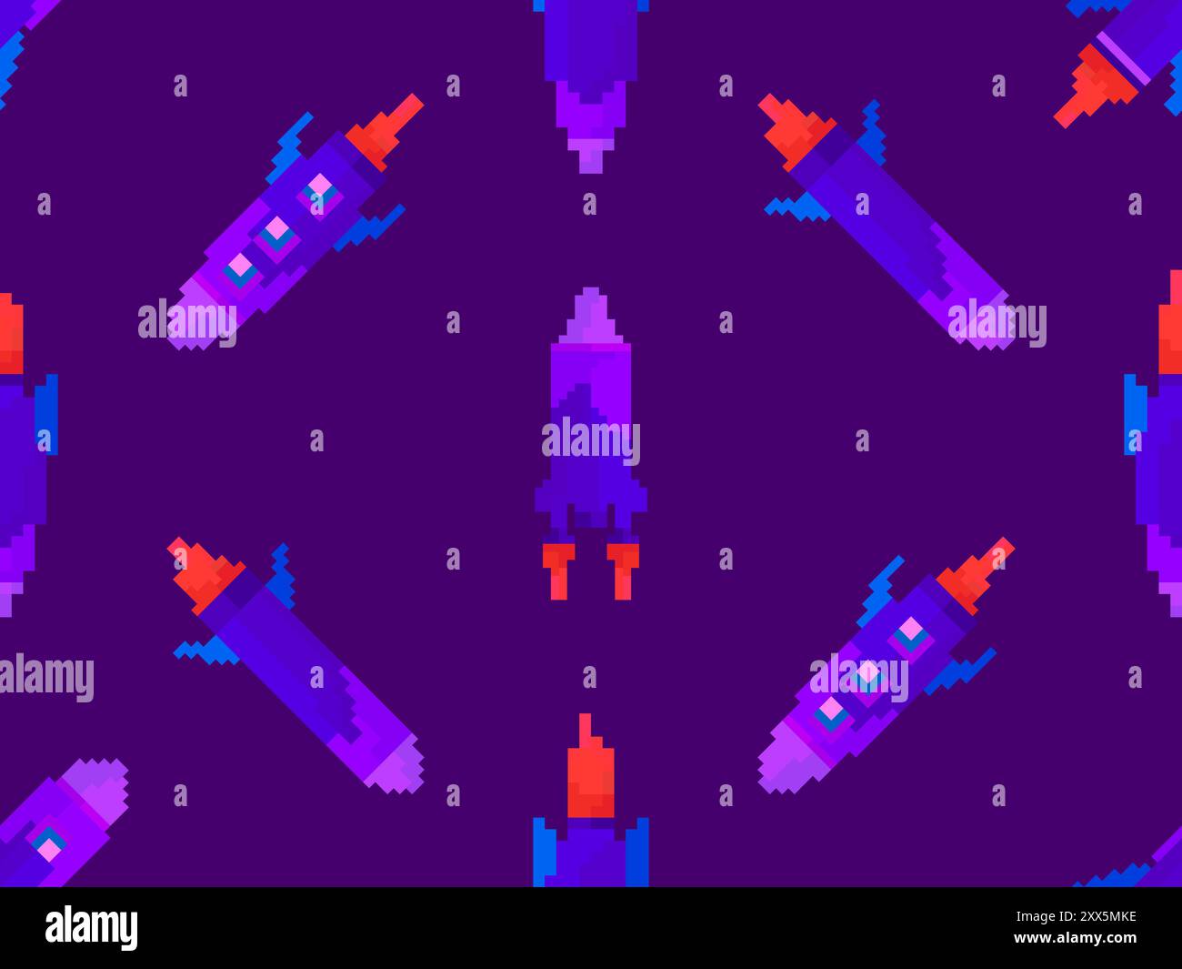Pixel spaceships seamless pattern. Space rockets in 8-bit retro graphic ...