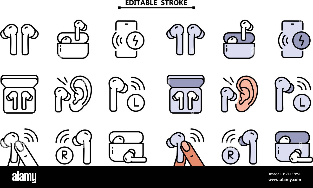 Wireless earbud color icons set. Editable stroke. Vector simple flat ...