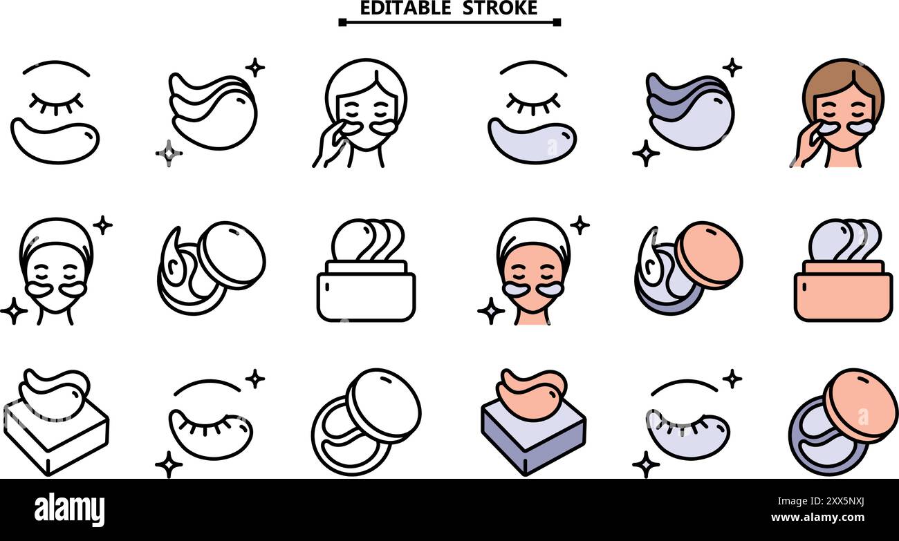 Eye gel patches color icons set. Editable stroke. Simple illustrations of eye mask. Trend care ...