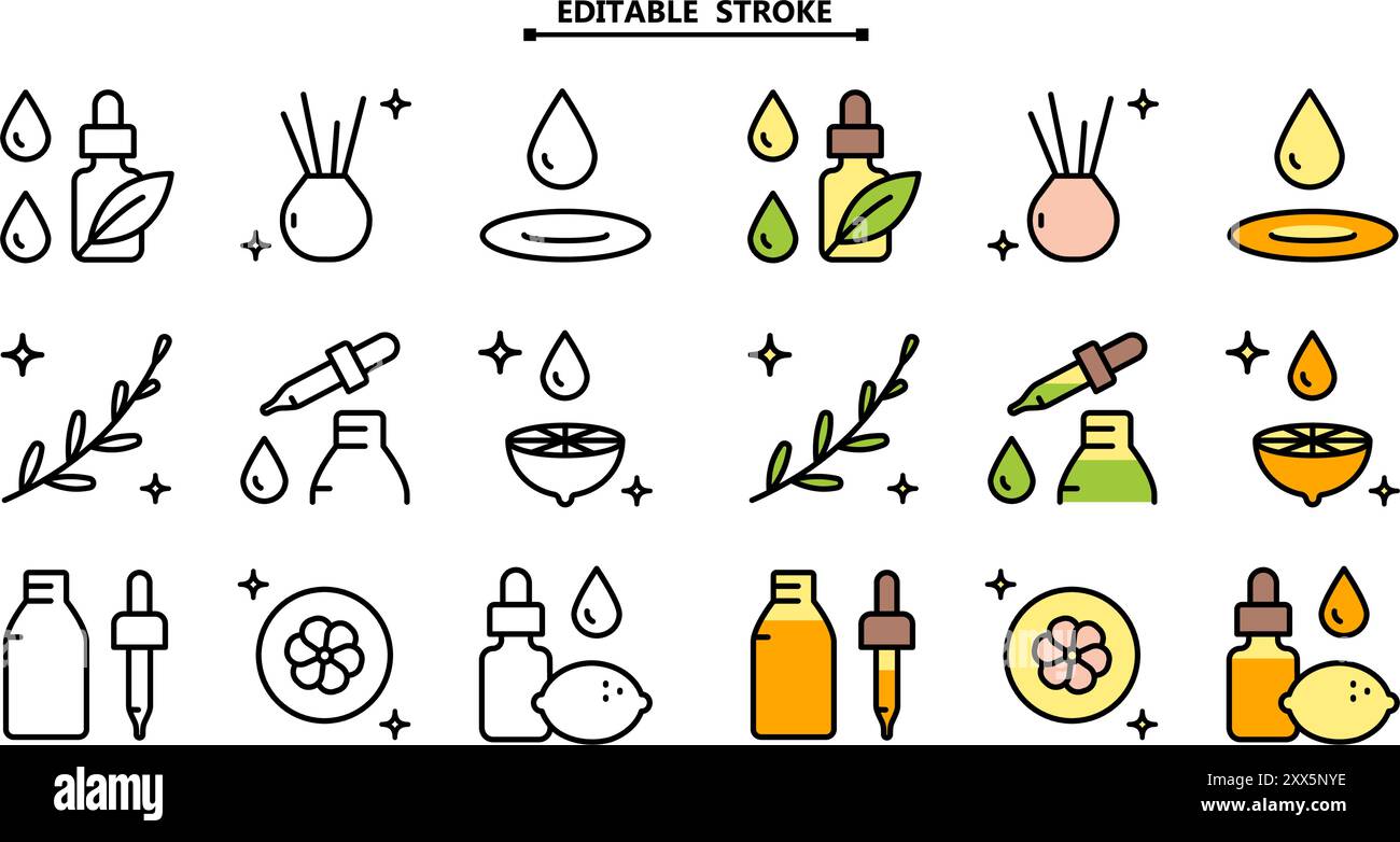 Essential oils aromatherapy icons set. Editable stroke. Collection of ...
